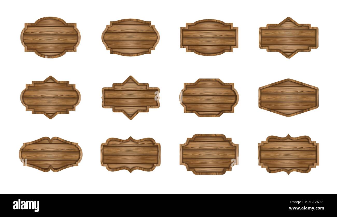 Set of wooden boards. Wooden labels, signboards, banners collection ...