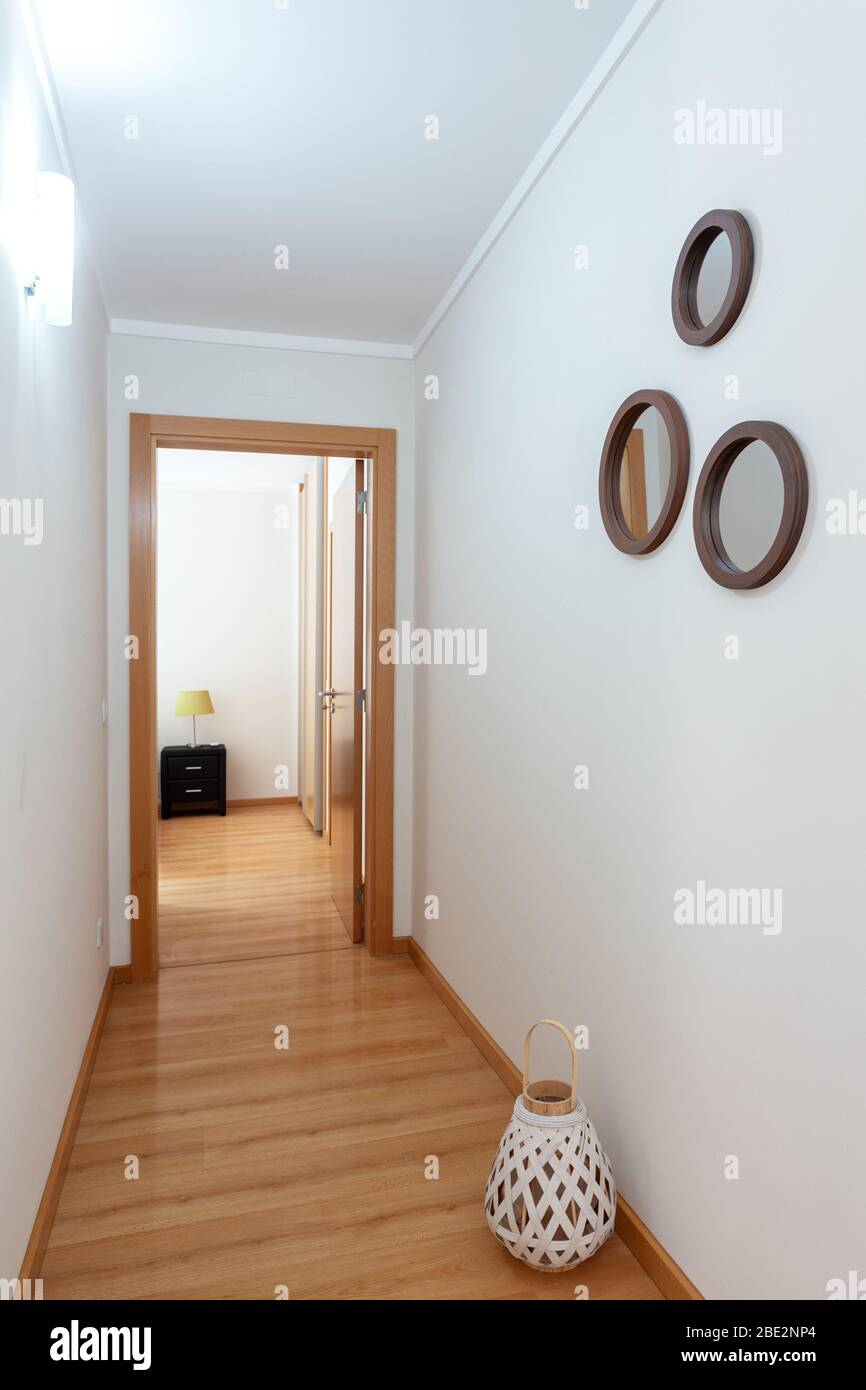 Elegant and bright corridor with main entrance to the house. Vertical ...