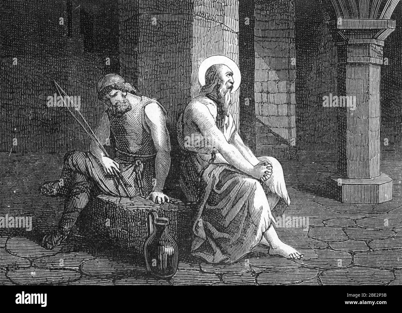 Representation de saint Martin Ier (600-655) attendant son proces en ...