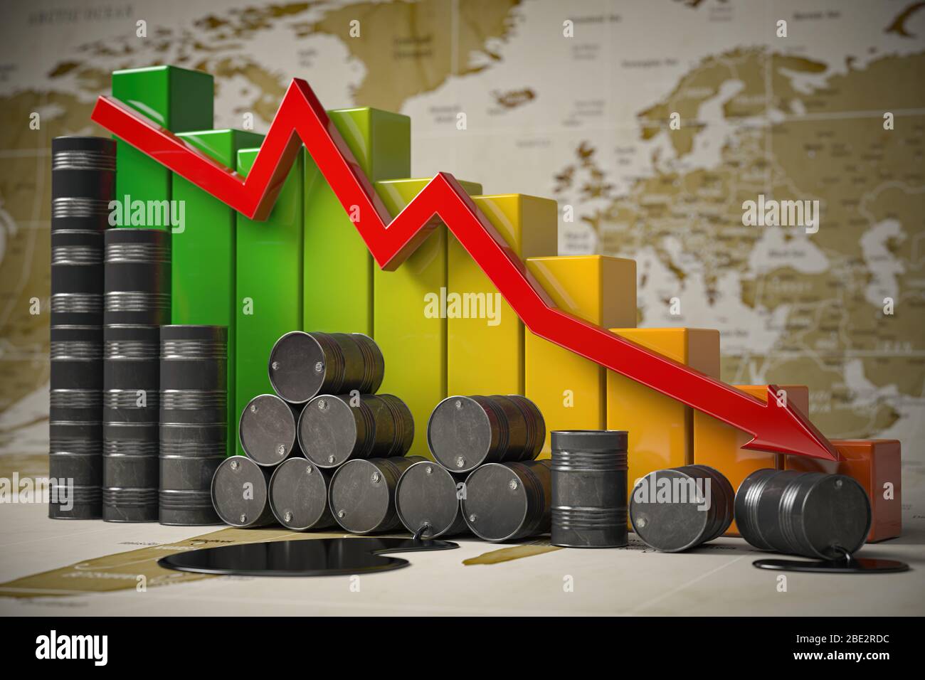 Crisis in oil and petroleum ndustry. Oil barrels and falling graph on ...