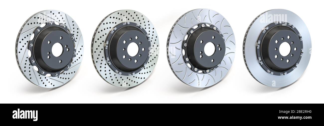 Different types of brake disks. Drilled and slotted brake disks in a ...