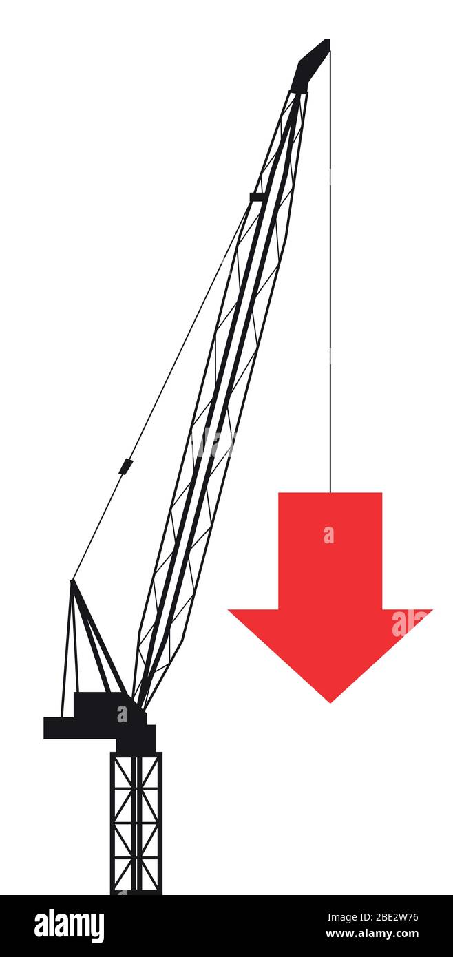 Crane with red down arrow, vector illustration, symbol for crisis ...