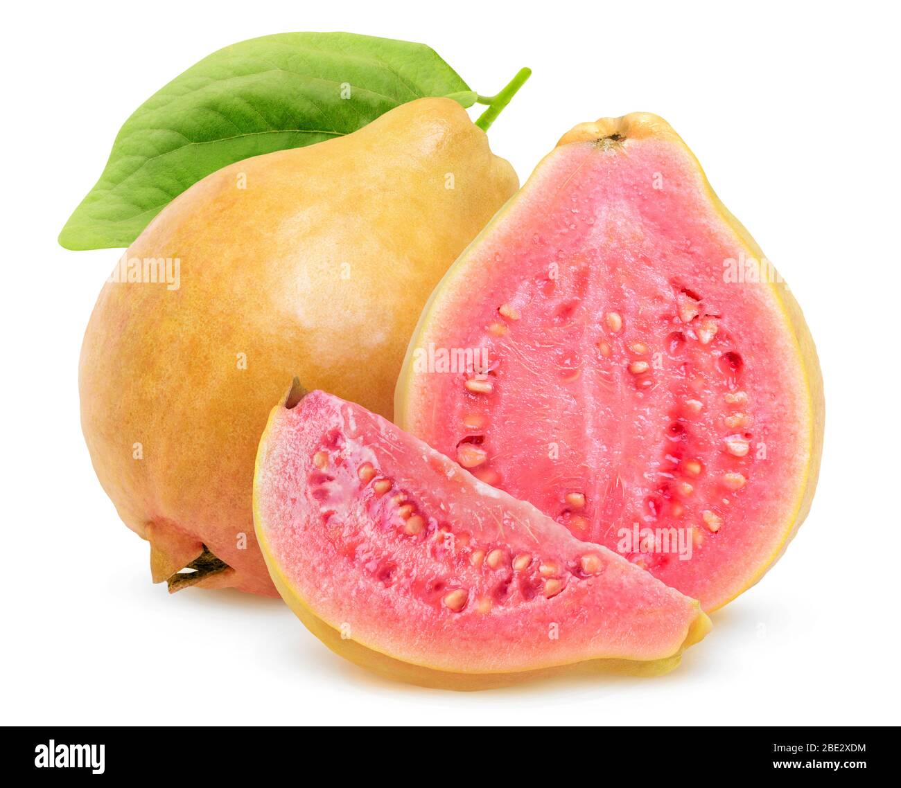 Isolated yellow guavas. One whole guava fruit, a half and a slice with ...