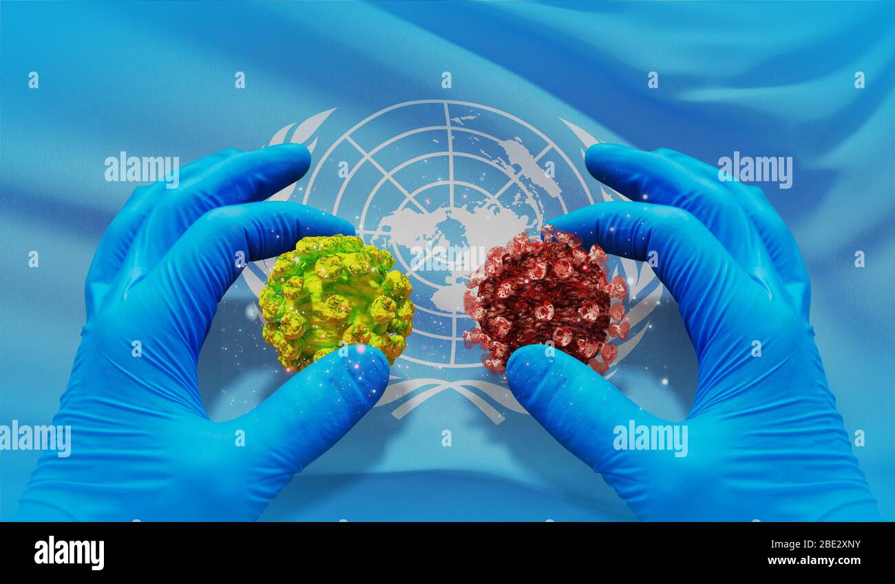 Medical virus molecular concept with flag of the United Nations. 3D ...