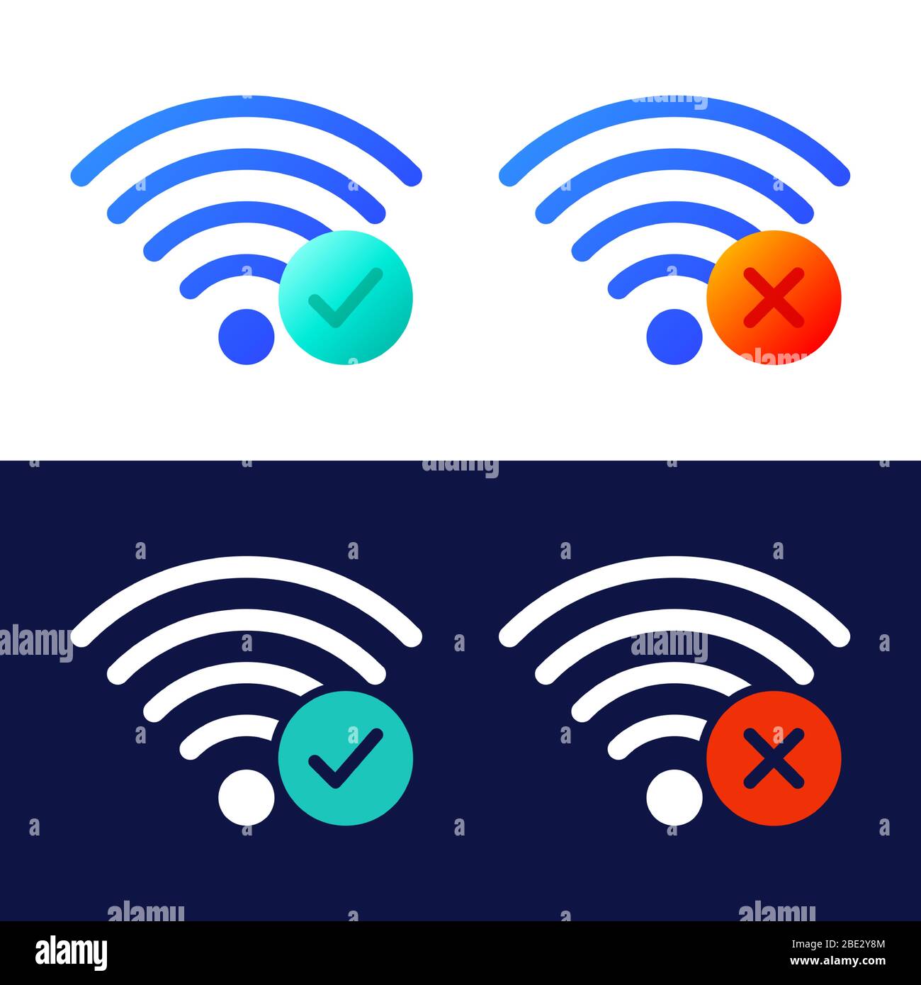 Vector icon set of wireless wifi symbols with check mark and x mark ...
