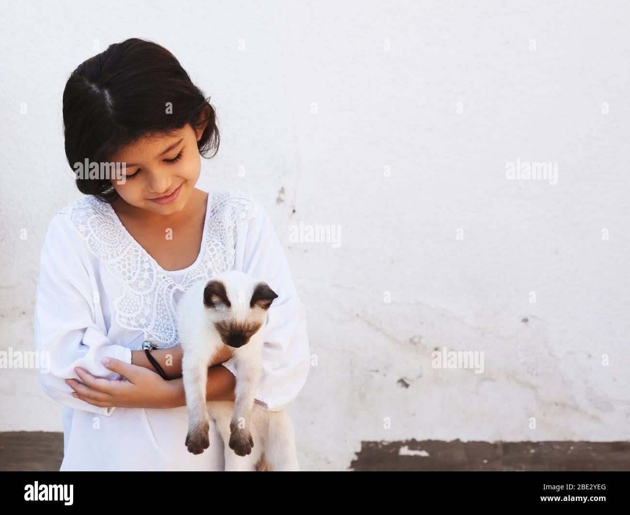 Happy girl hugging lovely kitten. Cute 12 years kid girl holding a ...