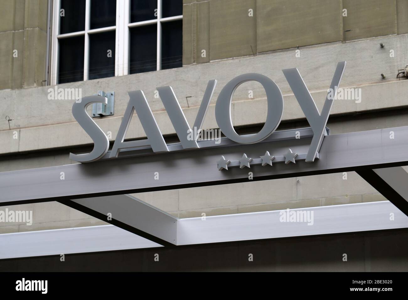 Logo sign of Hotel Savoy Bern on a wall located in downtown Bern ...