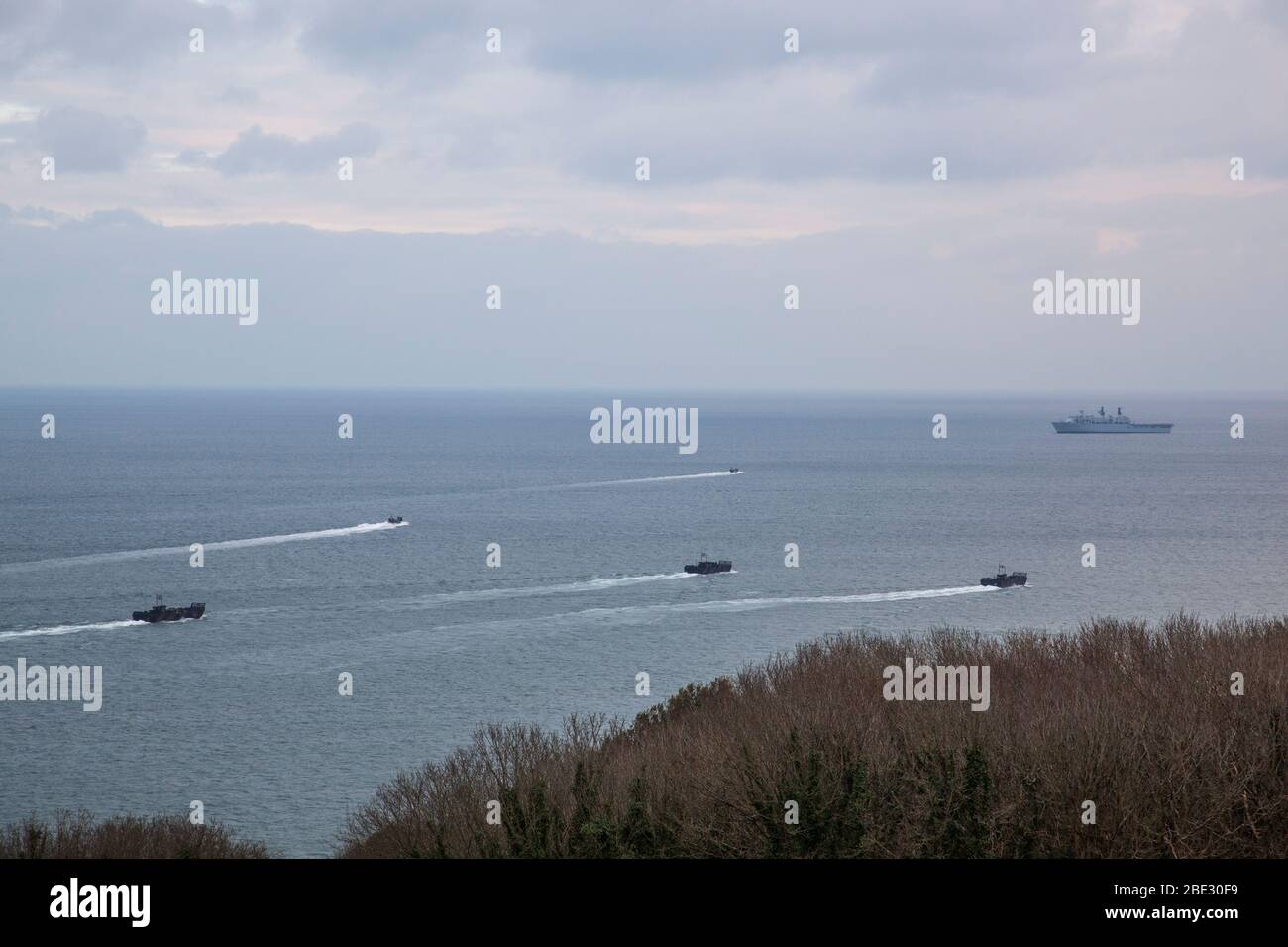 British naval ships at sea on exercise off Rame Head near Plymouth ...