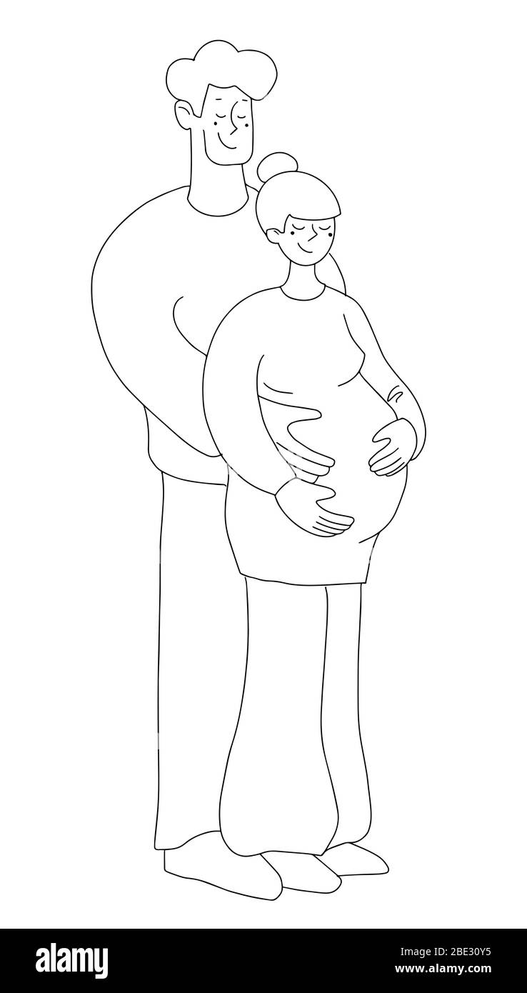 Pregnant woman. Birth partner. Happy fashion family couple hugs ...