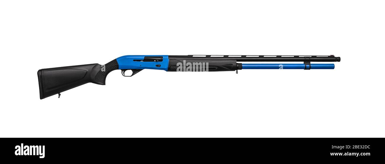 Modern black semi-automatic shotgun with blue accents isolate on a ...