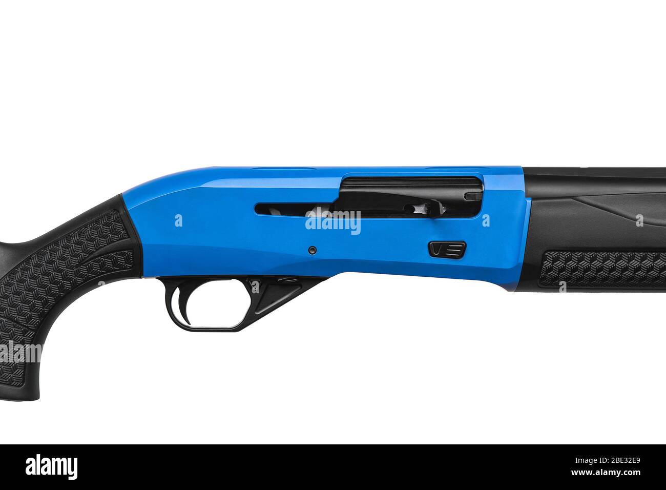 Modern black semi-automatic shotgun with blue accents isolate on a ...