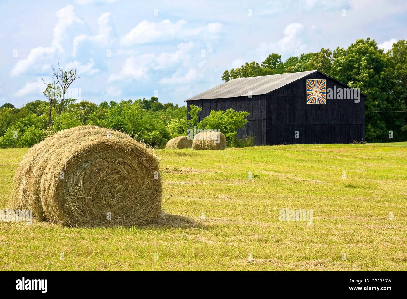 farm scene, round hay bales, pasture, rural, black barn, painted quilt ...