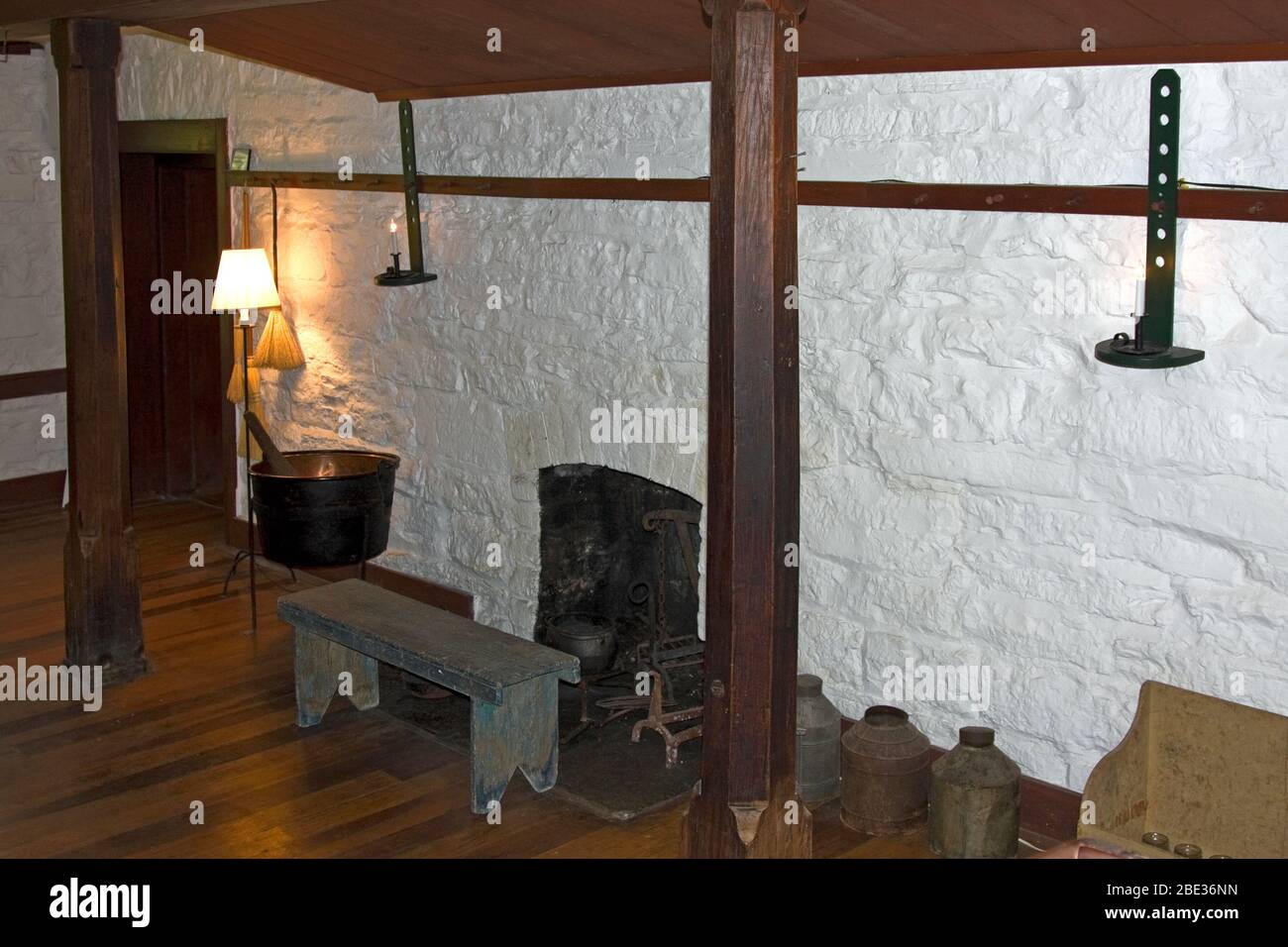 small hearth, pots, jugs, bench, cooking, old, brooms, electric candles ...