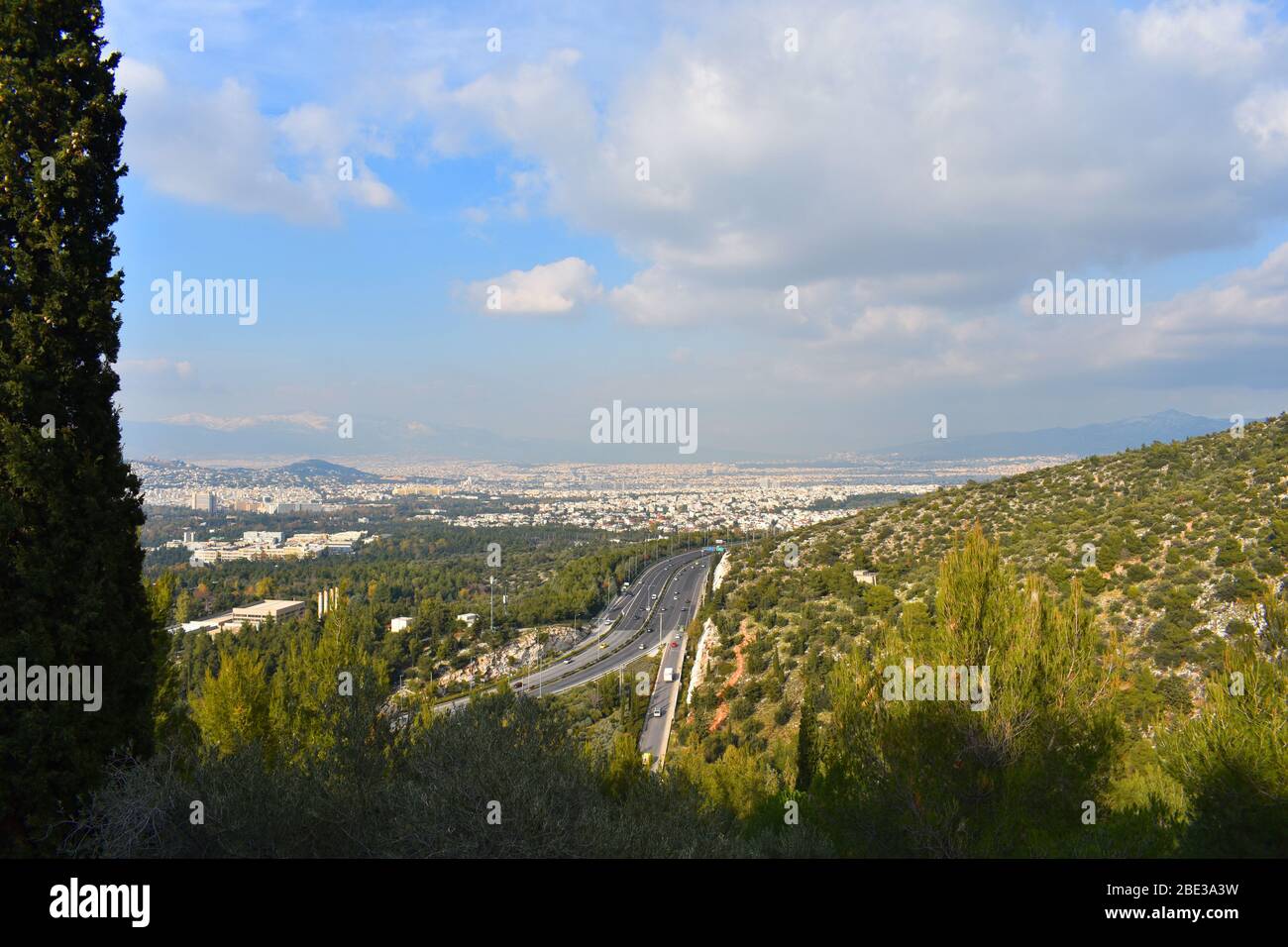 This is a photo of a highway from a mountain in Athens, Greece Stock ...
