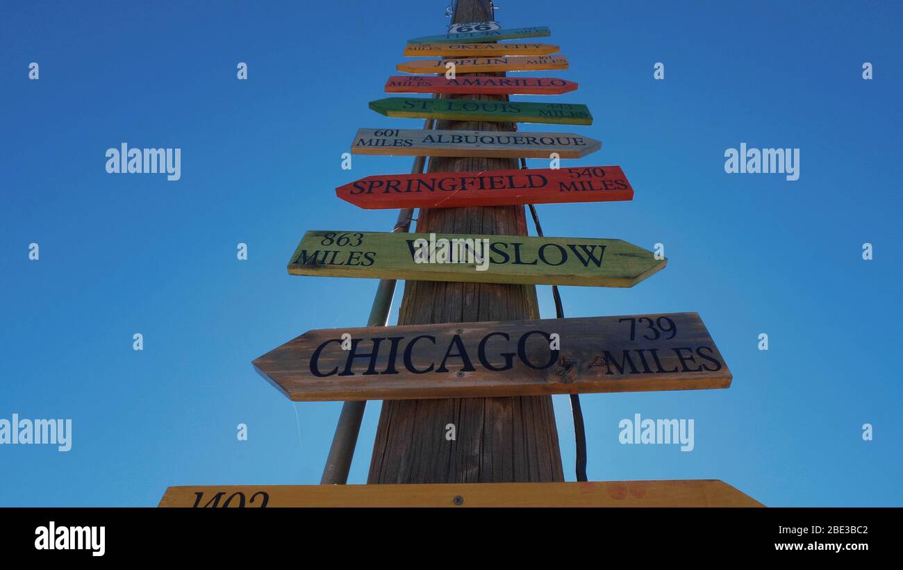 Direction signs to famous cities at Route 66 Stock Photo - Alamy