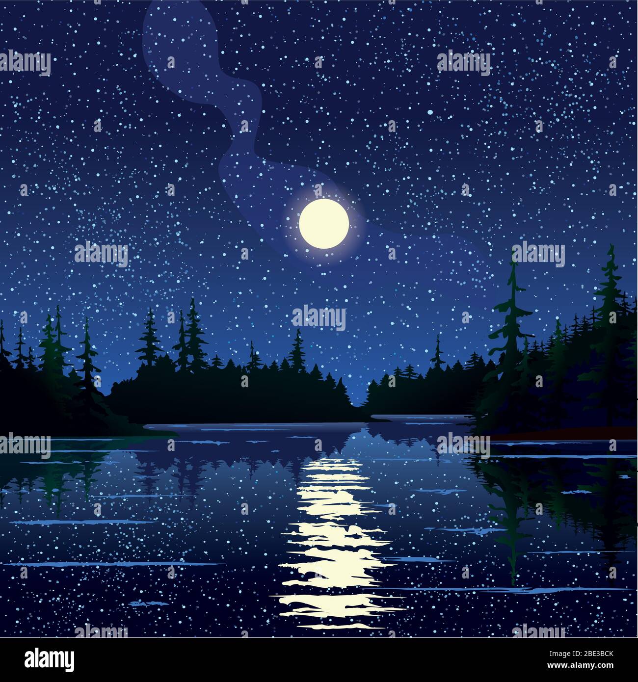 Night, Summer, Lake, Landskape, Moon, Stars, Sky Stock Vector Image ...