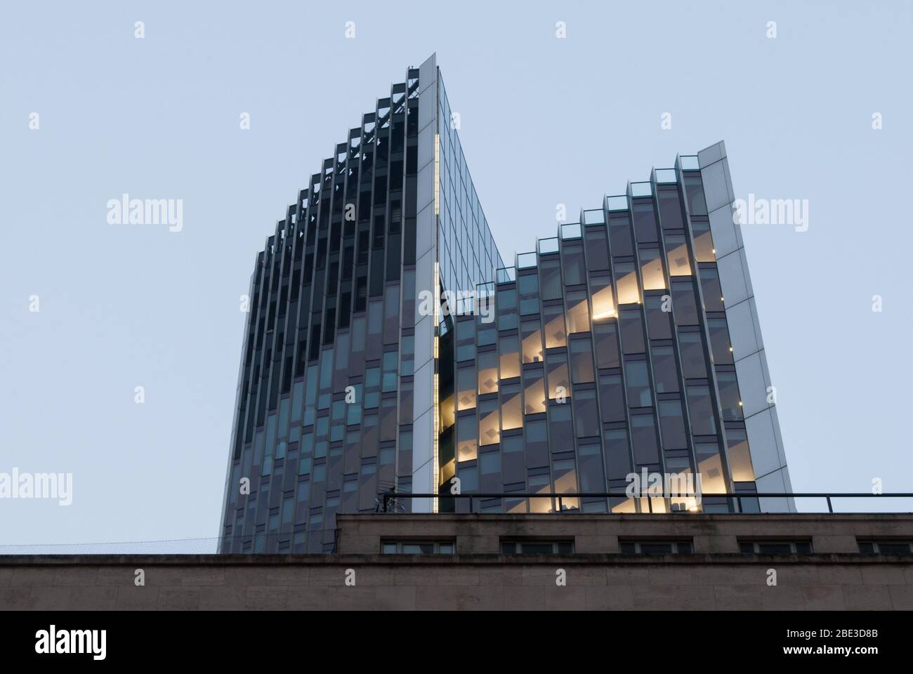 Blue Curved Stepped Skyscraper Highrise Tower Lime Street Lights Dark ...