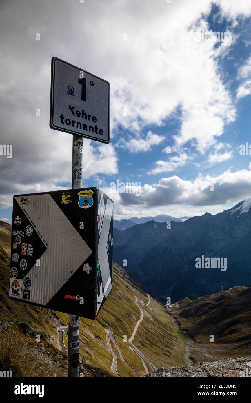 Sign marking the first hairpin bend on the Passo dello Stelvio (Stelvio ...