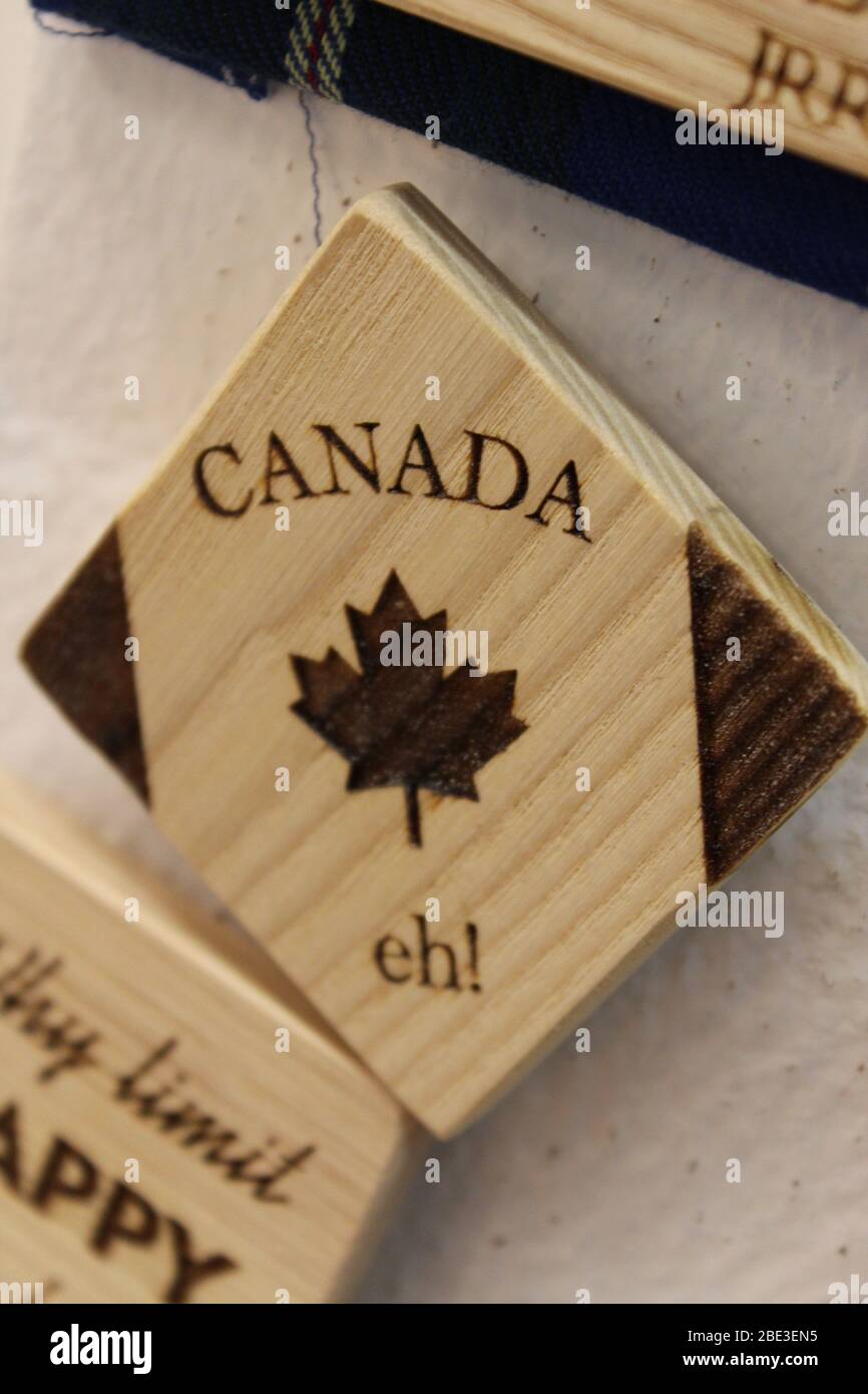 Wooden Canada Keyrings / Magnets Stock Photo - Alamy