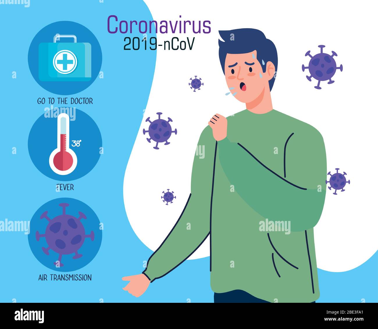 coronavirus 2019 ncov infographic and man with coughing and icons Stock ...