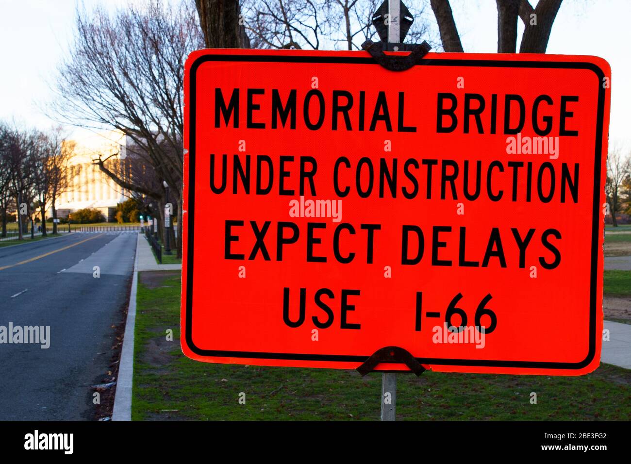 A bright orange sign for Memorial Bridge Construction Sign in ...