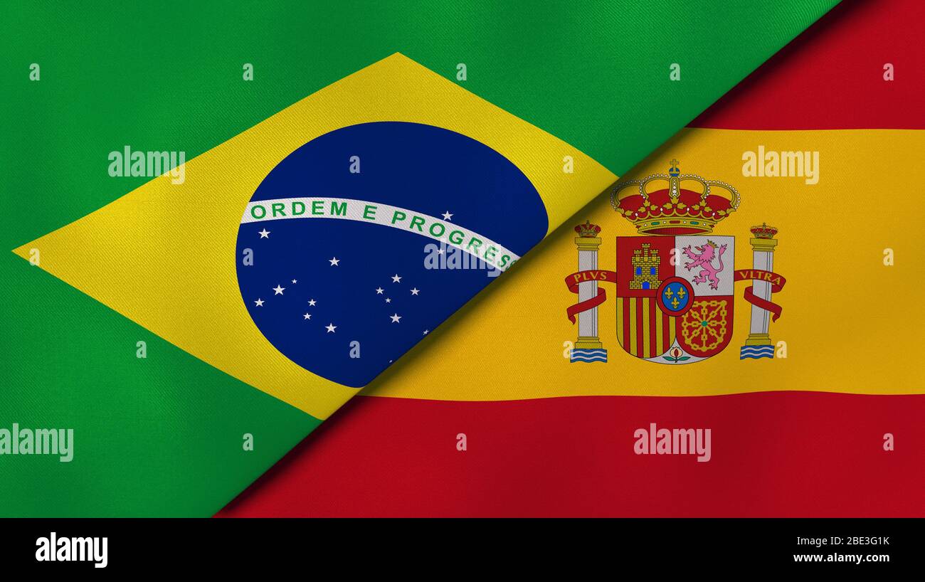 Two states flags of Brazil and Spain. High quality business background ...