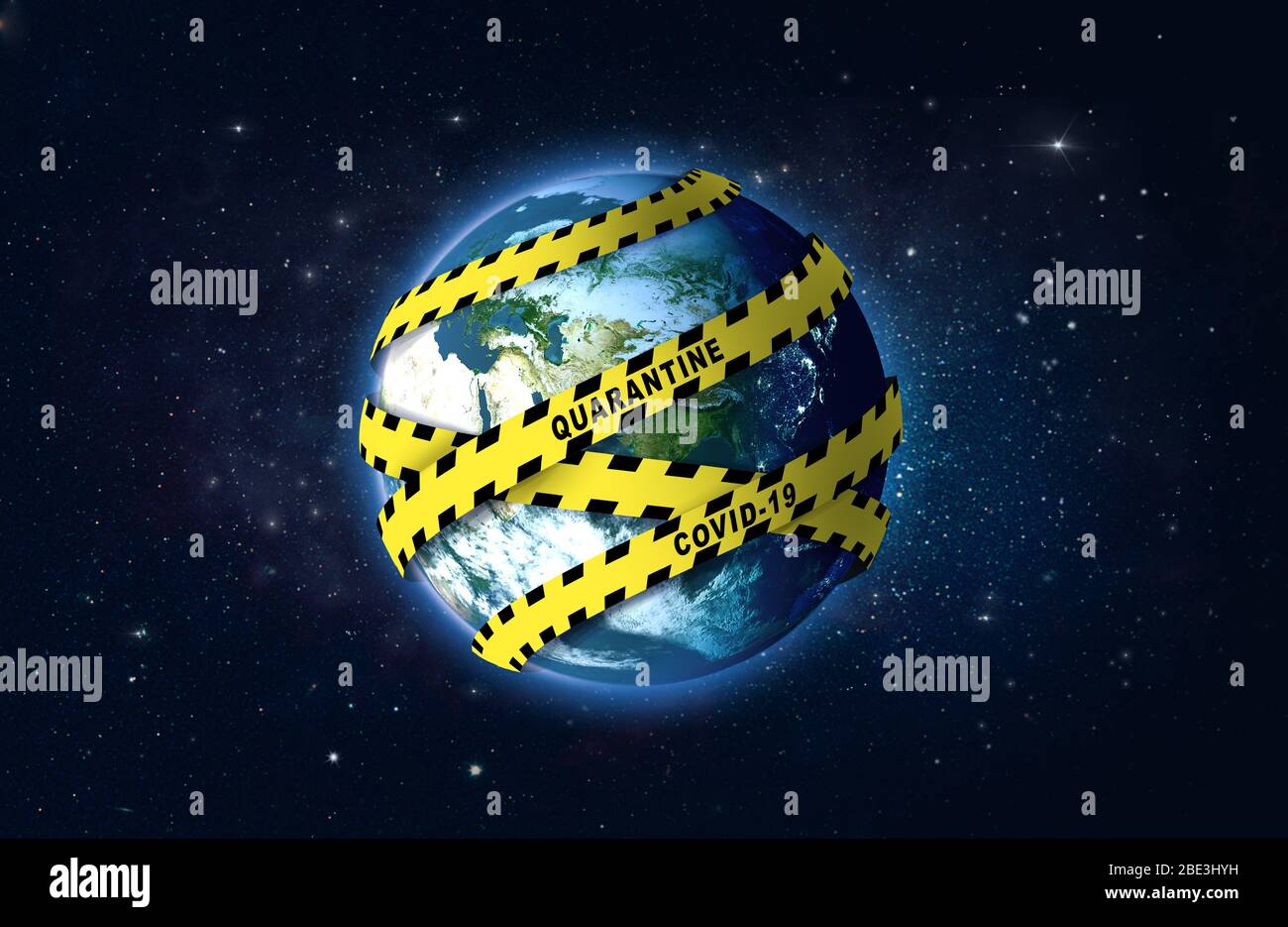 Concept with Planet Earth in Quarantine. A yellow attention tape ...