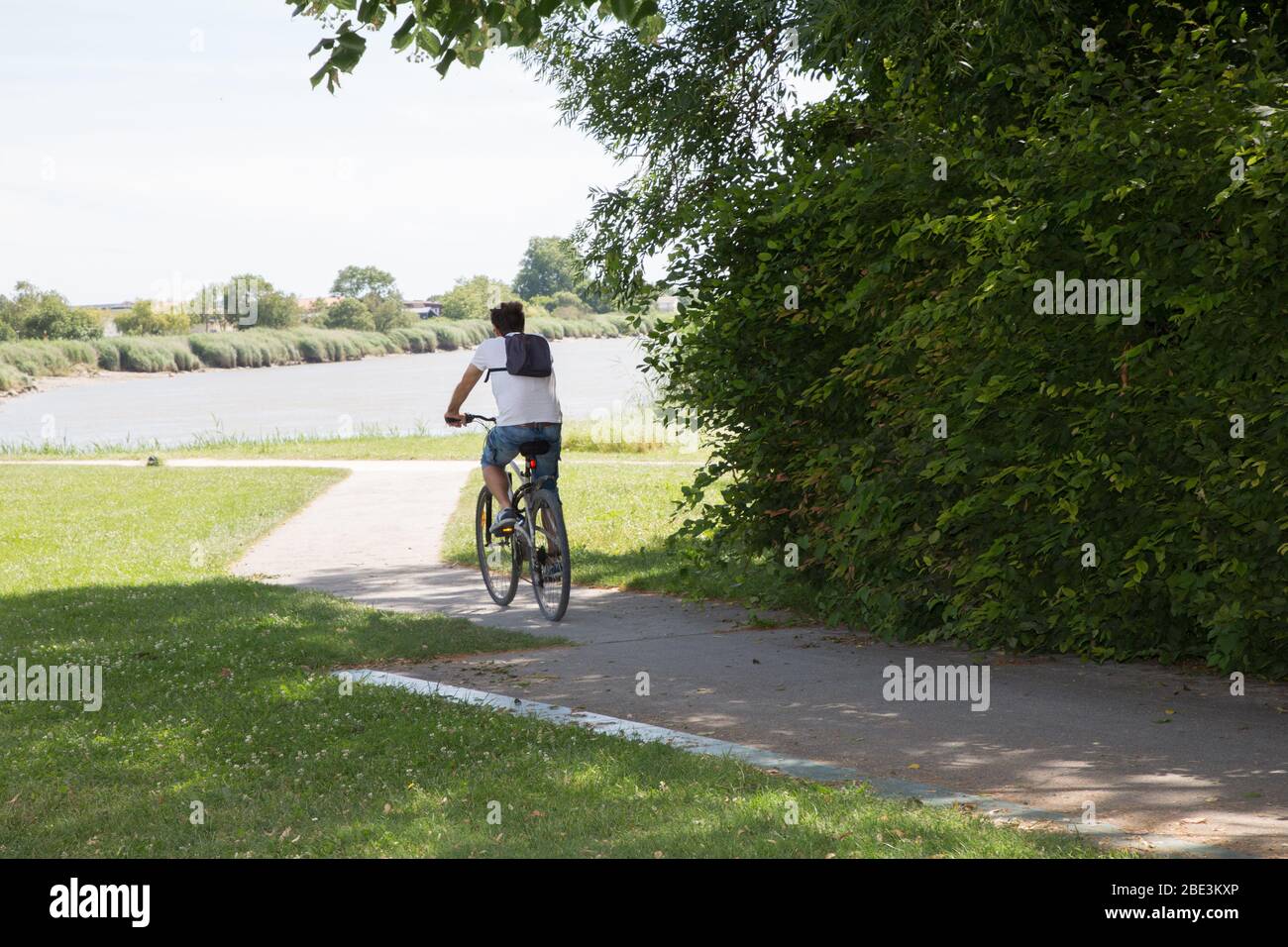 man tourist is cycling on the bike path along the river Stock Photo - Alamy