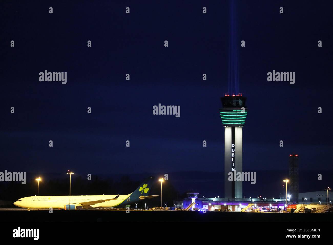 A large beam of light shines out of the new air traffic control tower ...