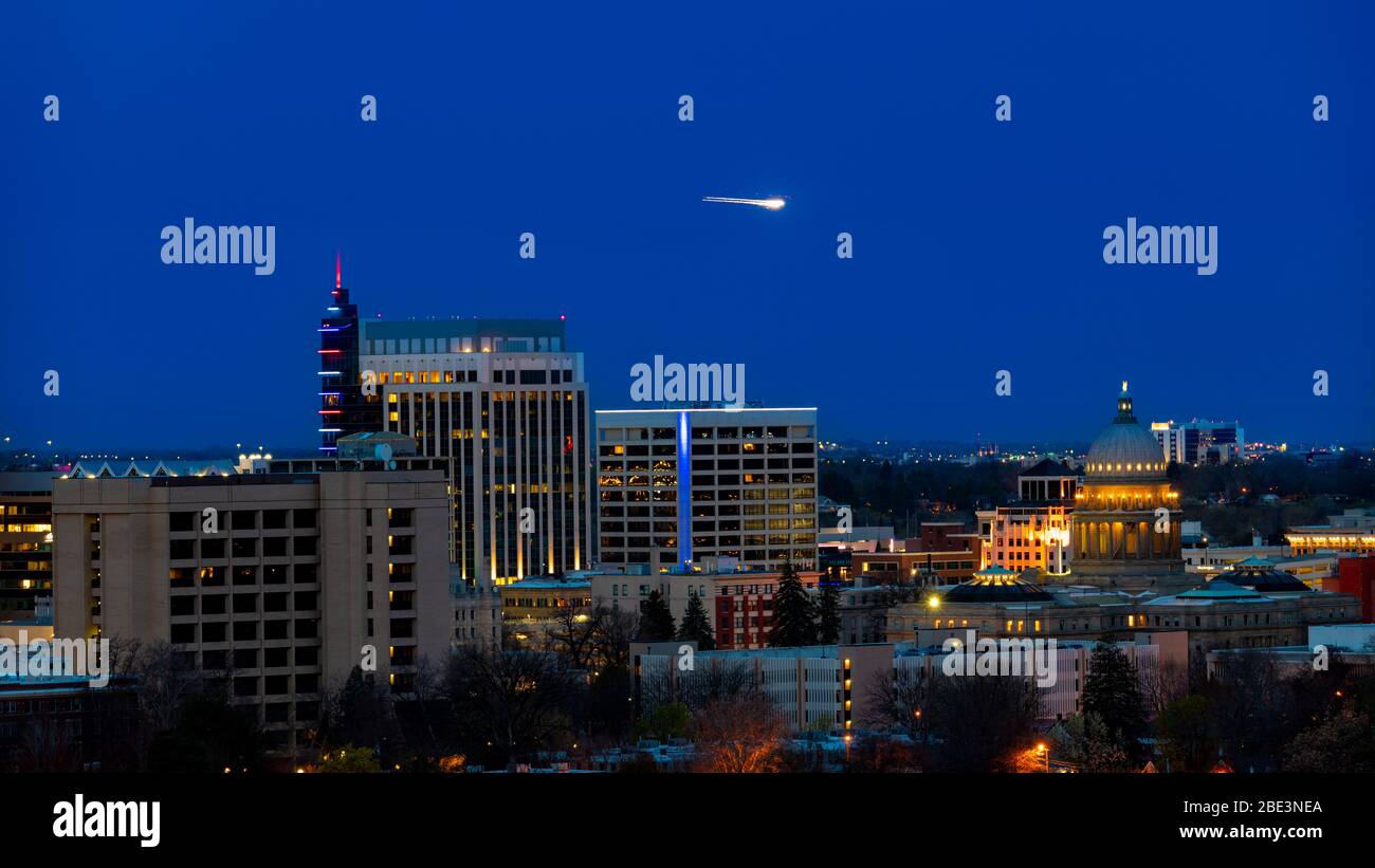 Blue sky of night over the landmark skyline of Boise Idaho Stock Photo ...