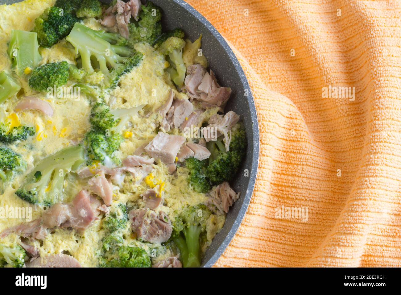 Delicious Sunny spring omelet with broccoli and chicken fillet. Healthy ...