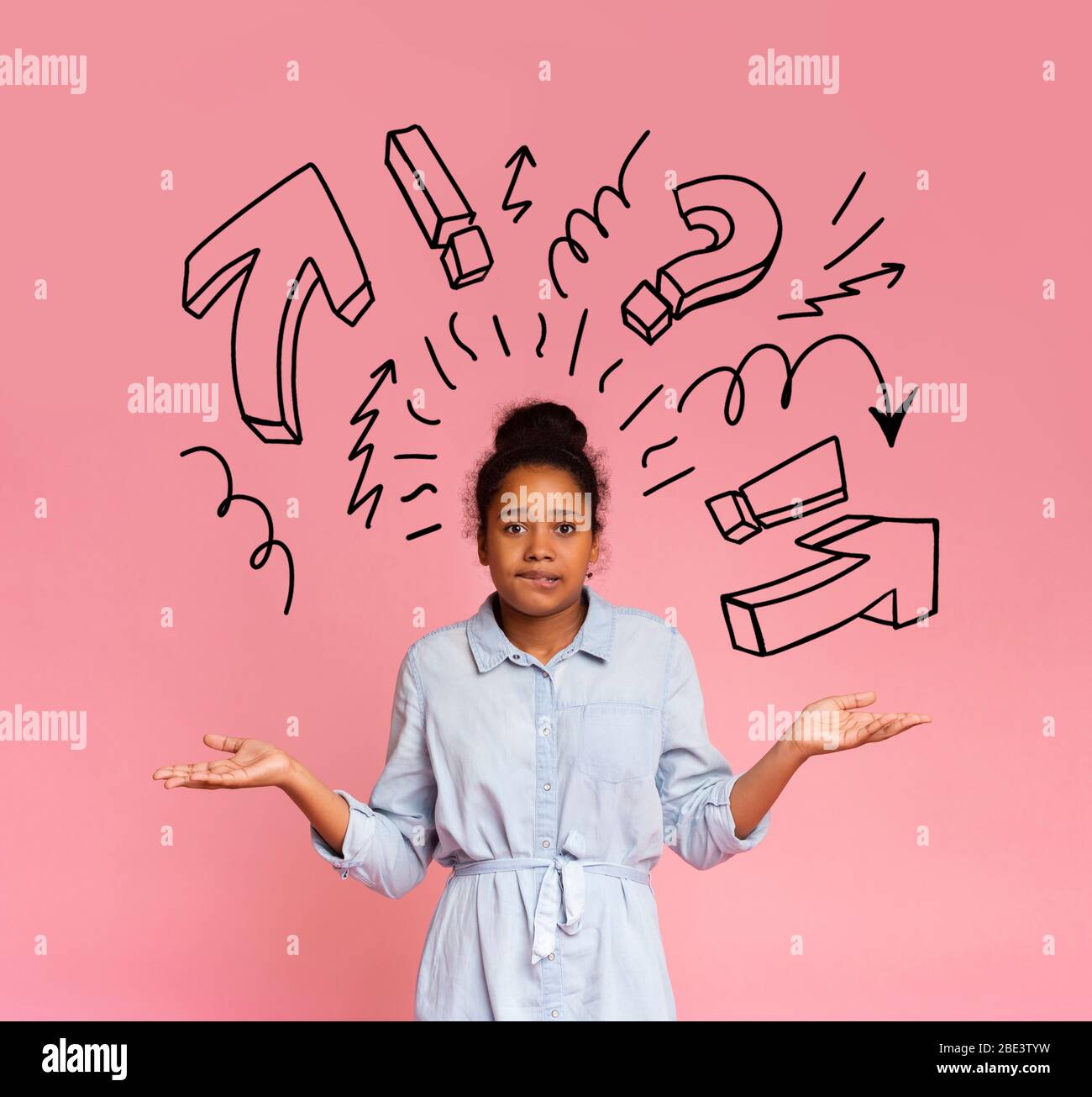 Puzzled african girl with arms open and graphic symbols above Stock ...