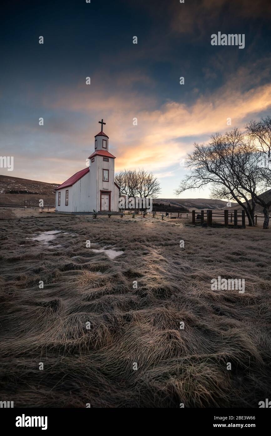Beautiful small red church in northern Iceland Stock Photo - Alamy