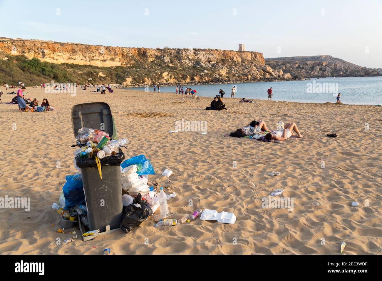 Litter left on beach, Ir-Ramla tal-Mixquqa, Golden Bay, Manikata, Malta ...