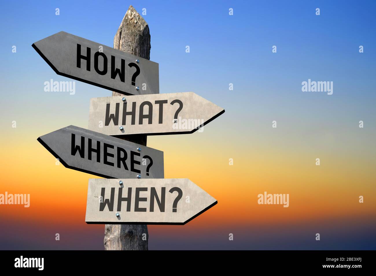 How, what, where, when signpost Stock Photo - Alamy