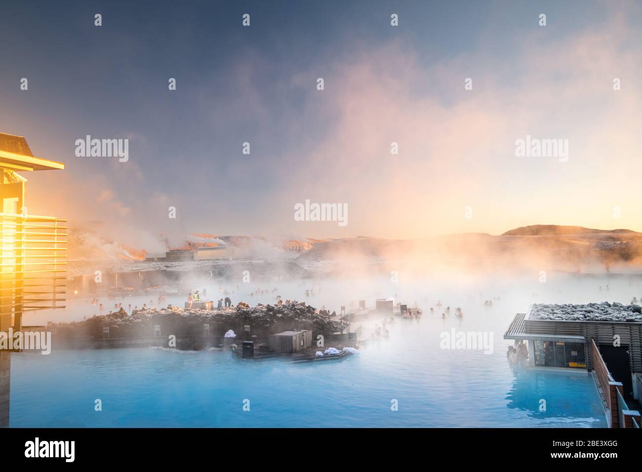 Blue lagoon hot spring geothermal spa at sunset in winter in Iceland ...