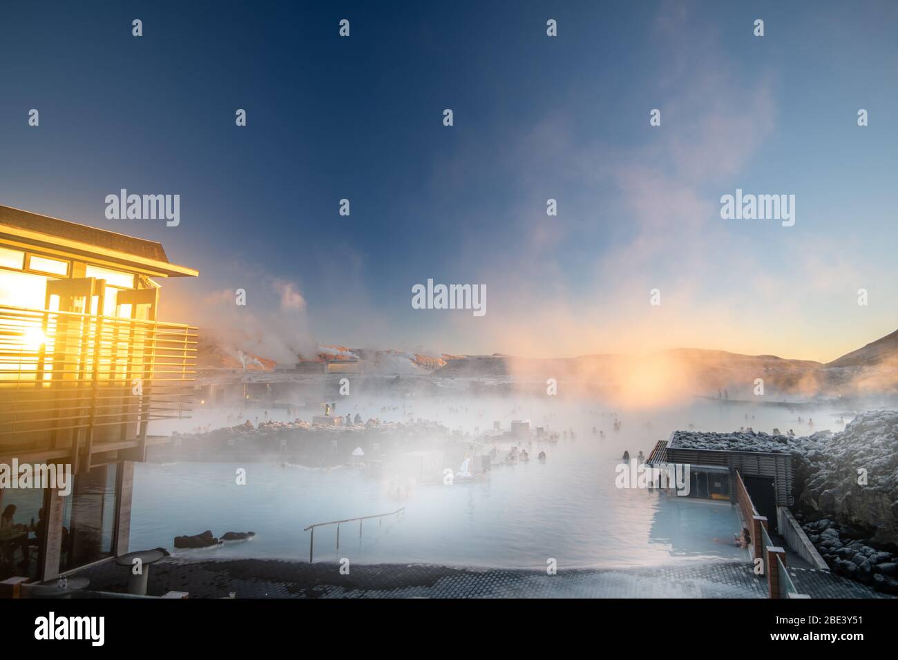 Blue lagoon hot spring geothermal spa at sunset in winter in Iceland ...
