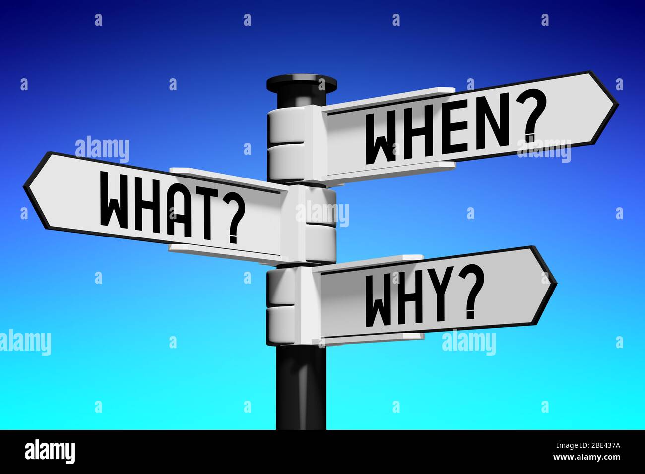 3D illustration/ 3D rendering - signpost with three arrows - questions ...