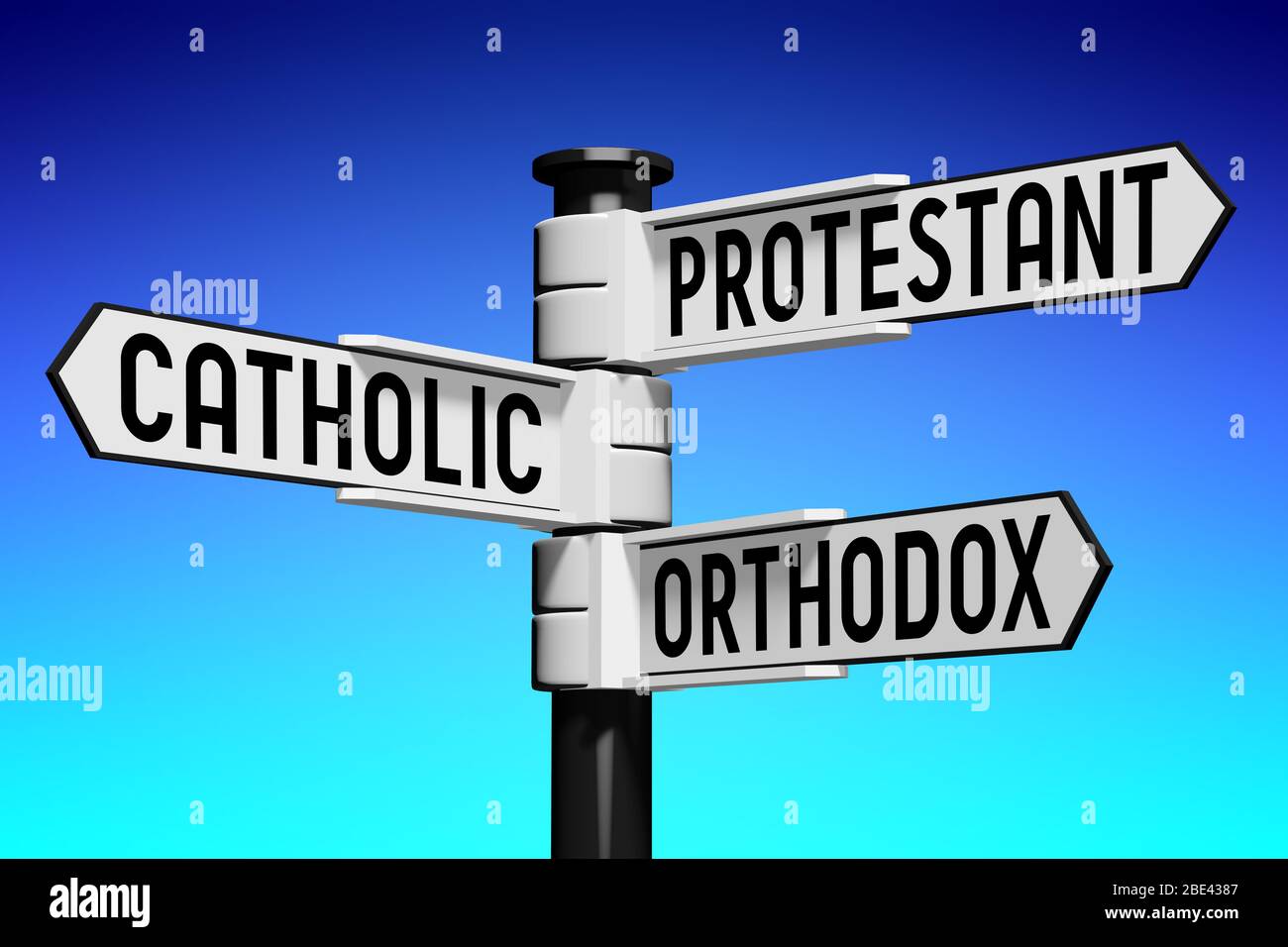 3D illustration/ 3D rendering - signpost with three arrows - religion ...