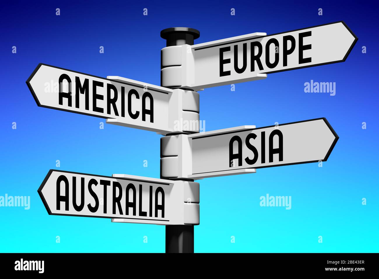 3D illustration/ 3D rendering - signpost with four arrows - continents ...
