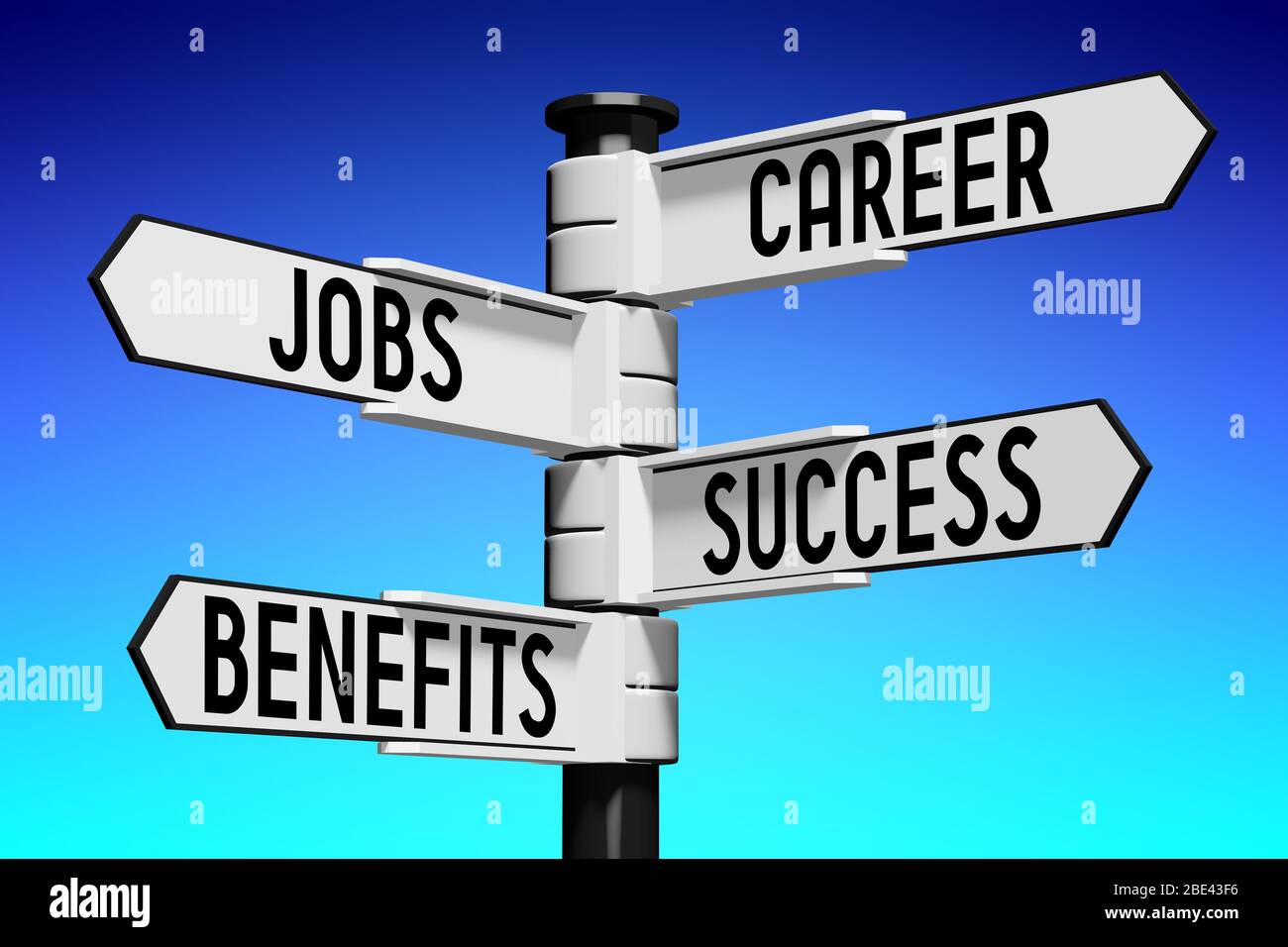 3D illustration/ 3D rendering - signpost with four arrows - job concept ...