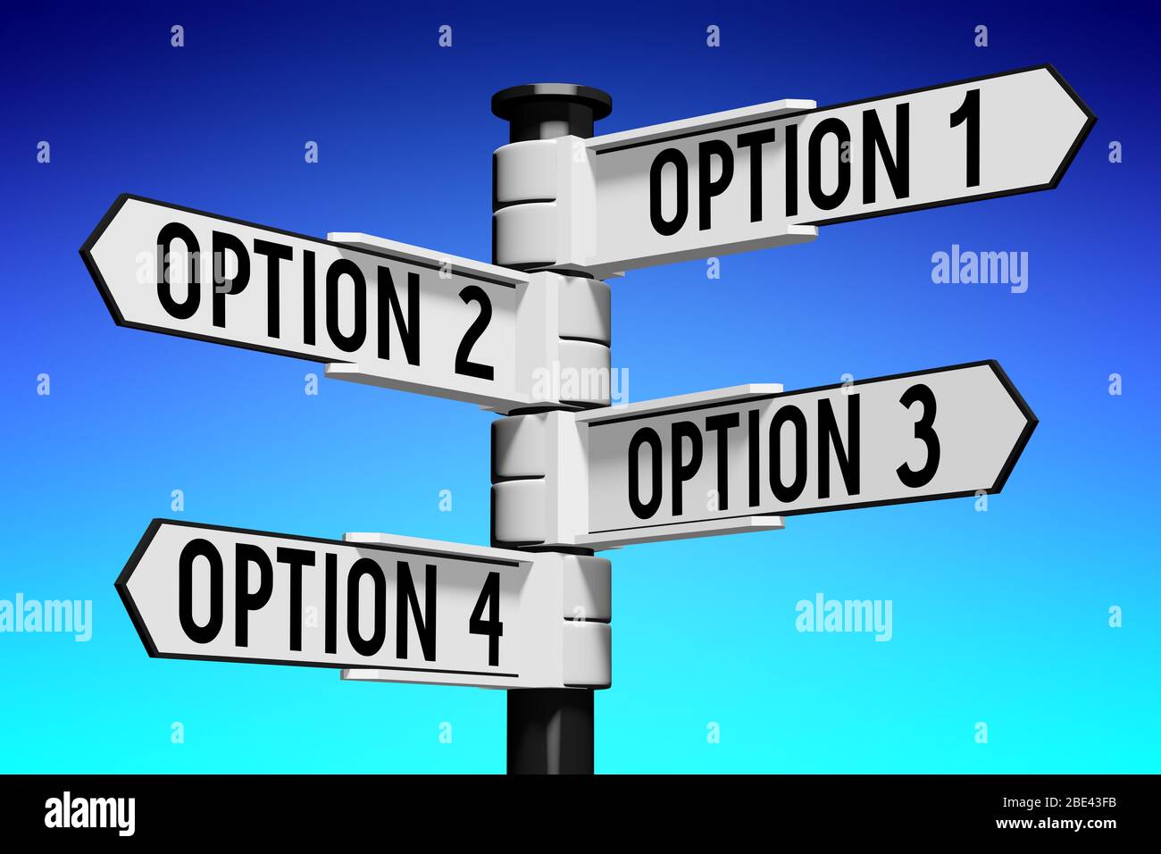 3D illustration/ 3D rendering - signpost with four arrows - options ...