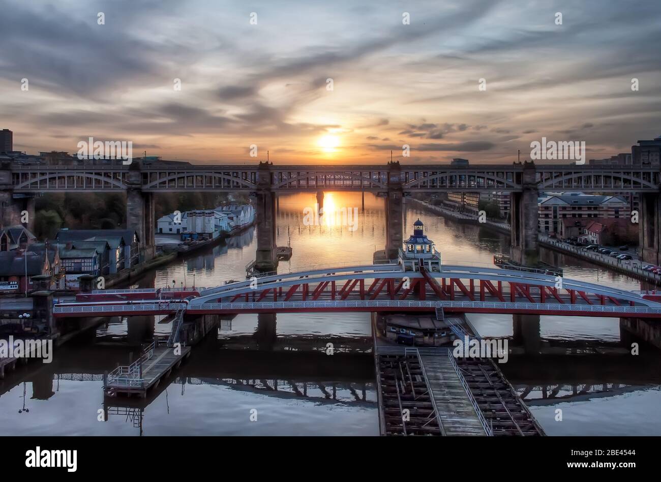 Iconic High Level Bridge on River Tyne under Colourful Sunlight at Dusk ...
