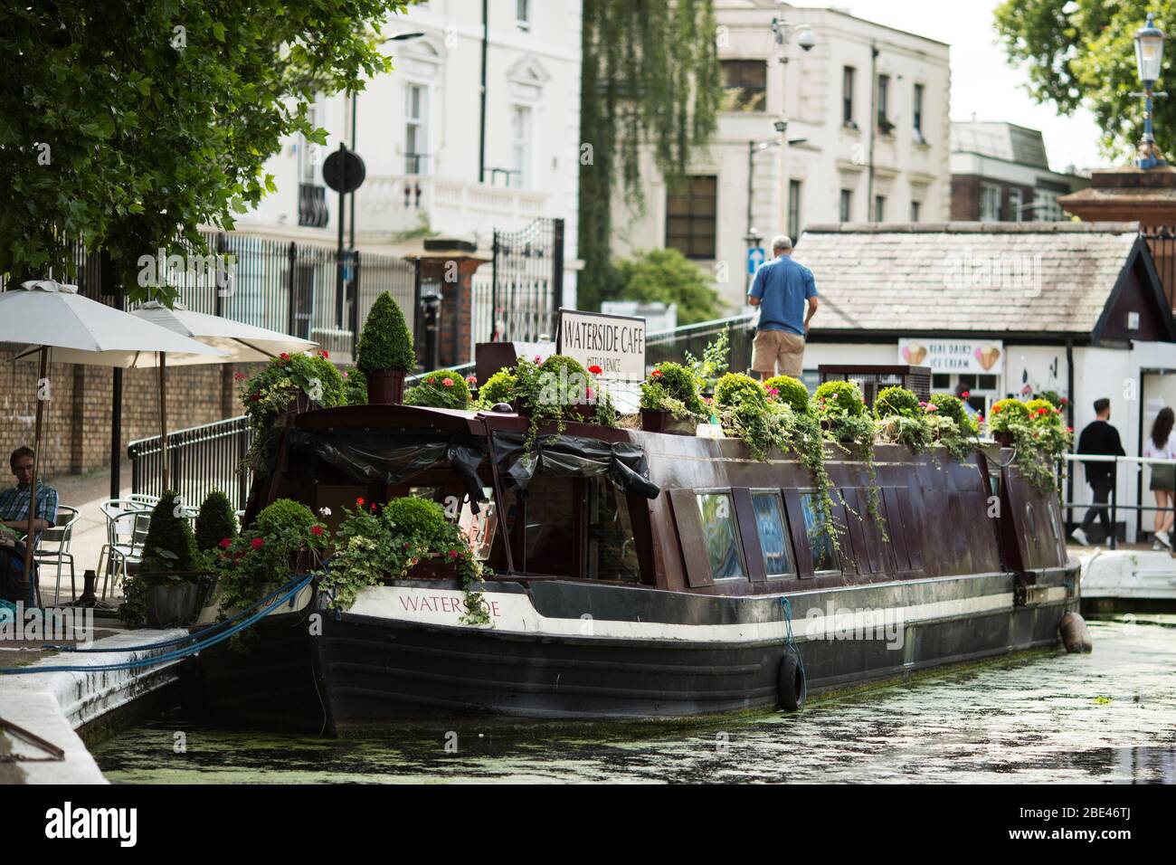 The Waterside Cafe, housed in a canal boat moored on Warwick Crescent ...