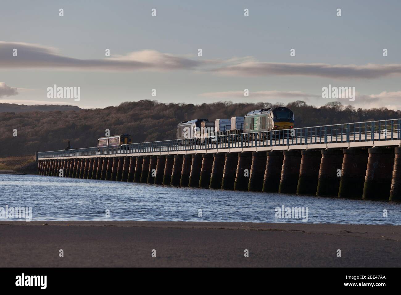 2 DRS class 68 locomotives with a nuclear flask train passing a ...