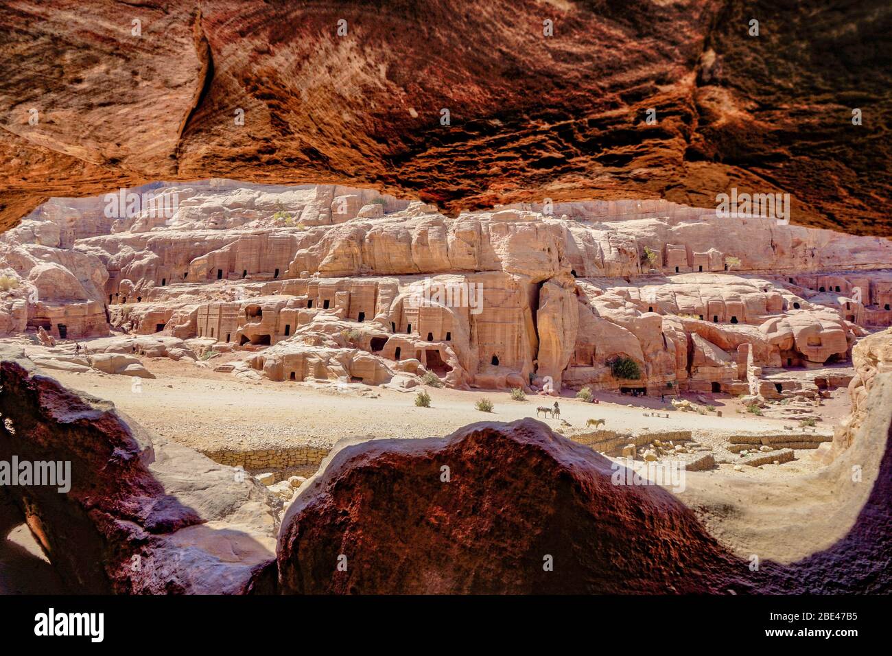 Jordan , Petra, view out from a cave of the Street of Facades. Tombs ...