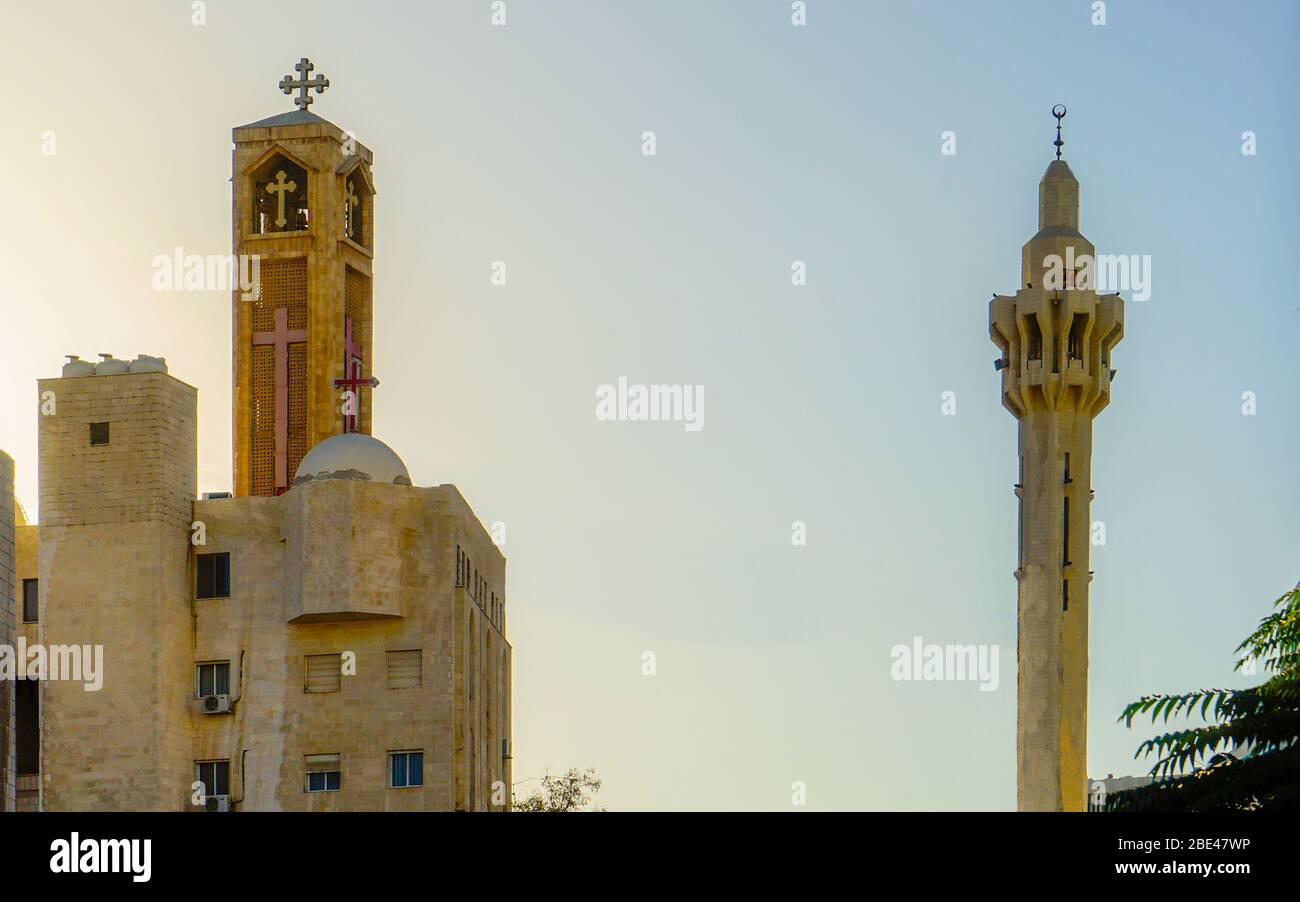 Jordan, Amman, Minaret of the mosque King Abdullah and in front a ...