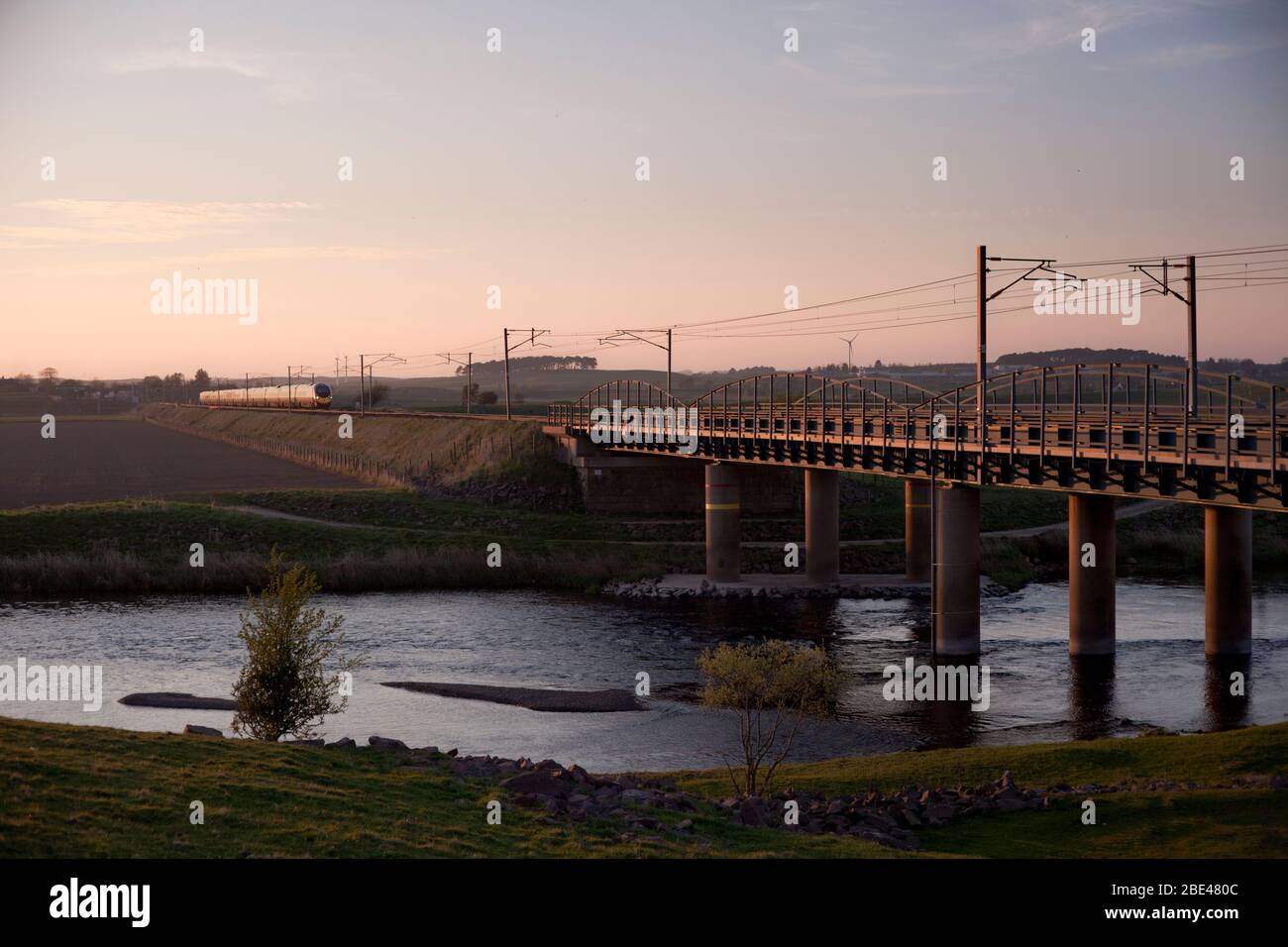 Virgin trains Alstom Pendolino train approaching Float Viaduct over the ...