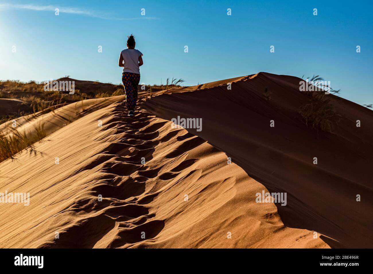Female tourist walks up a sand dune, Elim dune, Namib Desert; Sesriem ...