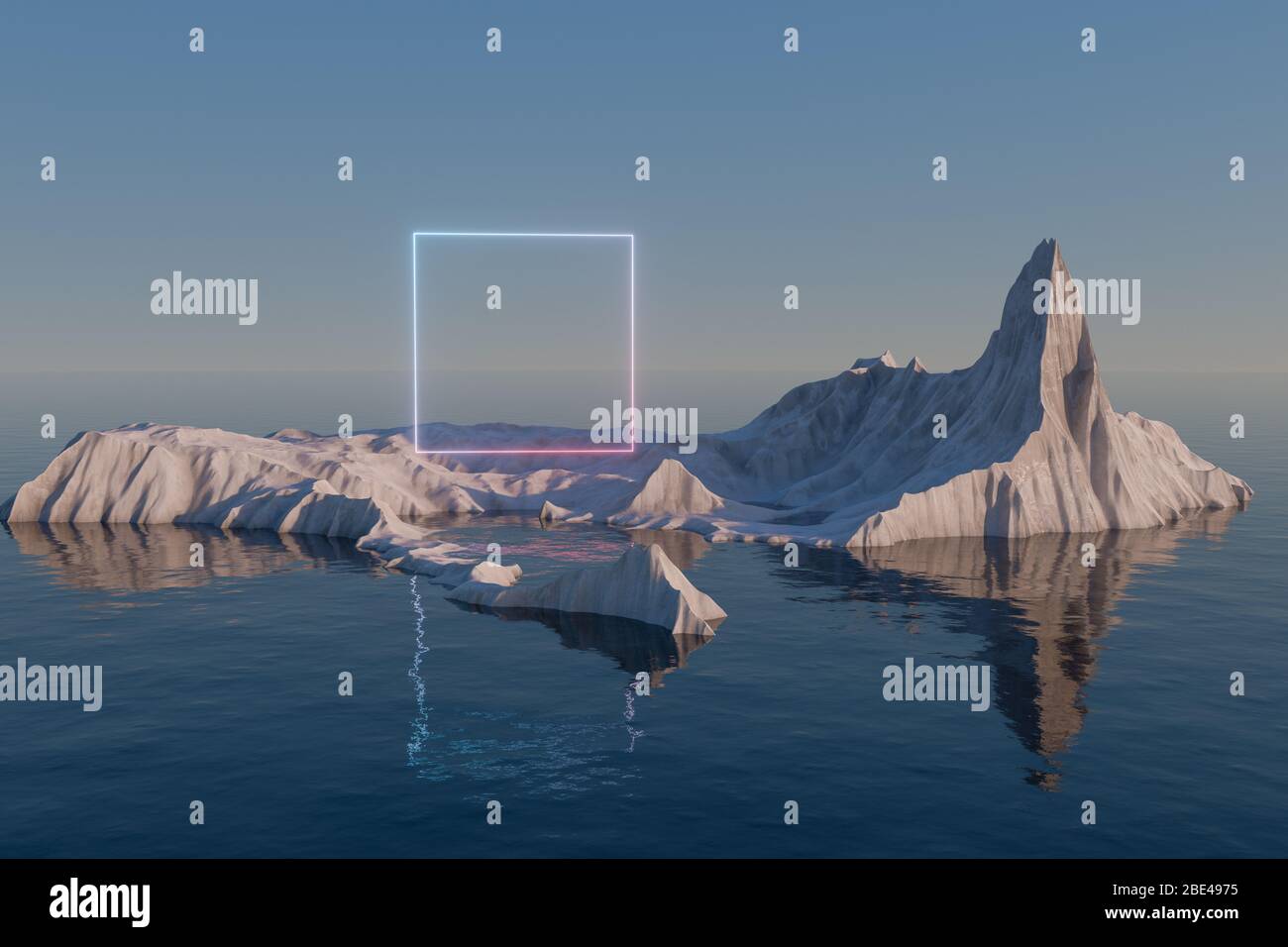 Neon square on the island of snow mountain on the sea, 3d rendering ...